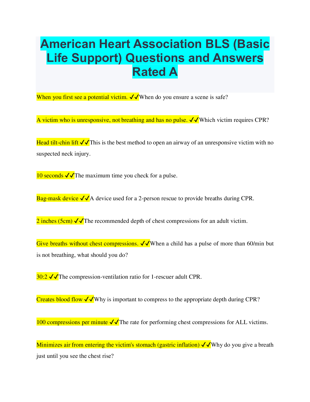American Heart Association| BLS-Basic-Life-Support. Questions and Answers Rated A - Scholarfriends